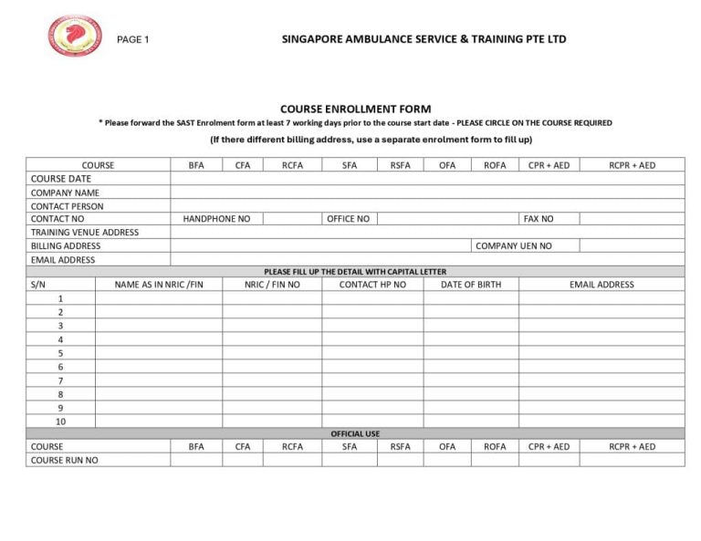 SAST Enrolment Form – Singapore Ambulance Service & Training Pte Ltd